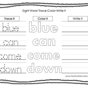 10 Printable Dolch Pre-primer Sight Words Trace It, Color It, Write It ...