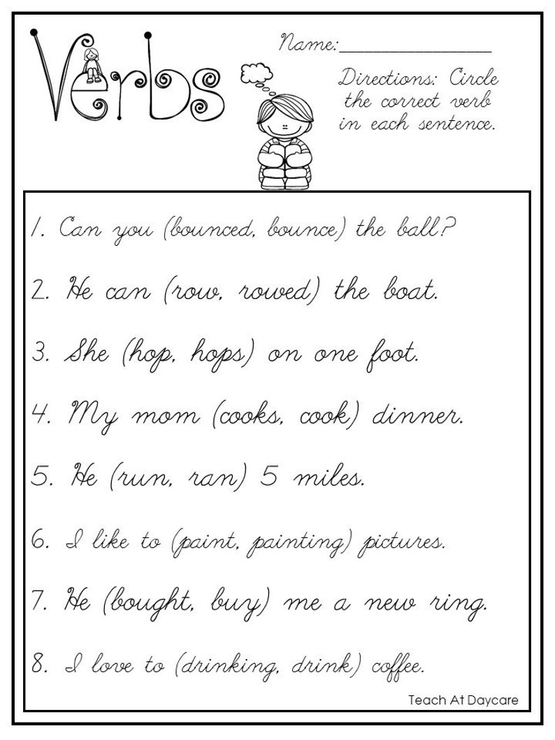 10 Printable Cursive Choose the Correct Verb Worksheets. 1st-2nd Grade ...