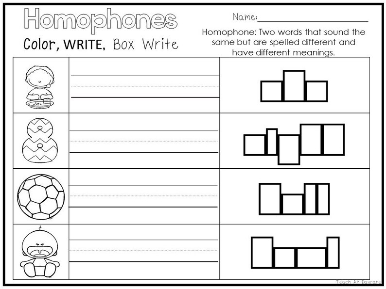 14 Printable Homophones Color, Trace, Box Write Worksheets. 1st-2nd ...