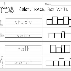 10 Printable Verbs Color, Trace, Box Write Worksheets. 1st-2nd Grade ...