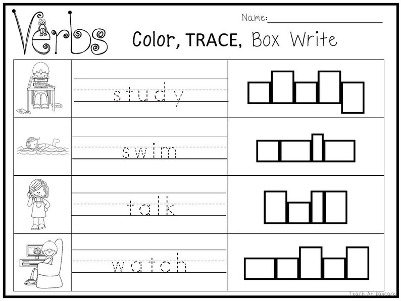 10 Printable Verbs Color, Trace, Box Write Worksheets. 1st-2nd Grade ...