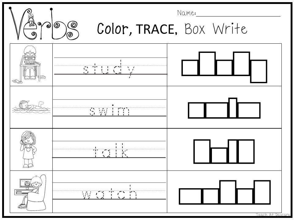10 Printable Verbs Color, Trace, Box Write Worksheets. 1st-2nd Grade ...