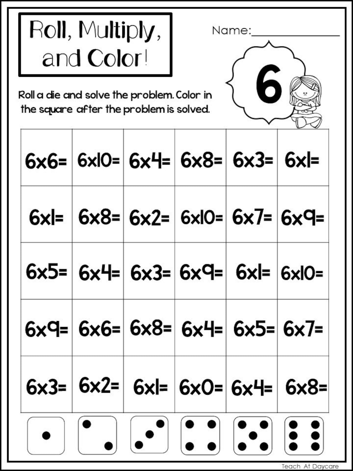 12 Printable Roll, Multiply, and Color Worksheets. Numbers 1-12. 1st ...