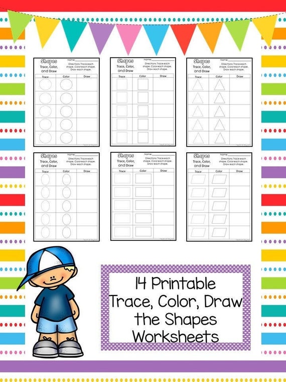 14 Printable 2-D Shapes Trace Color and Draw Worksheets. | Etsy