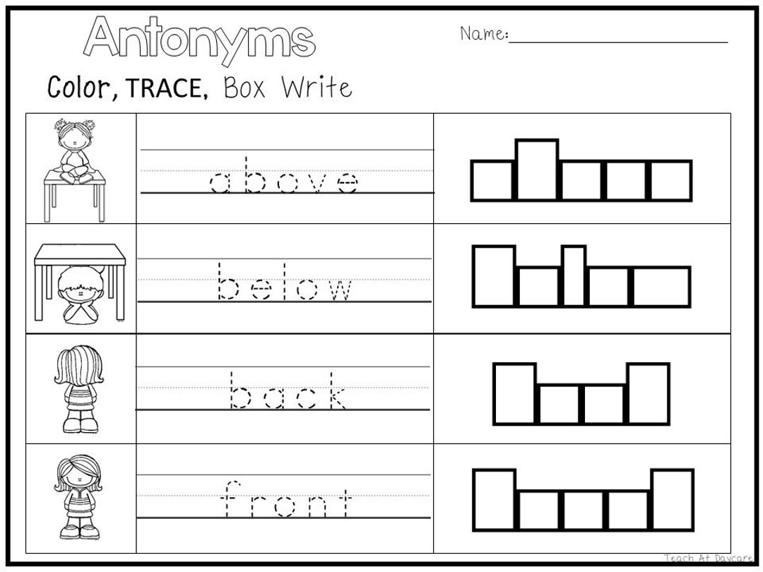 10 Printable Antonyms Color, Trace, Box Write Worksheets. 1st-2nd Grade ...