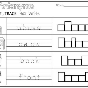 10 Printable Antonyms Color, Trace, Box Write Worksheets. 1st-2nd Grade ...