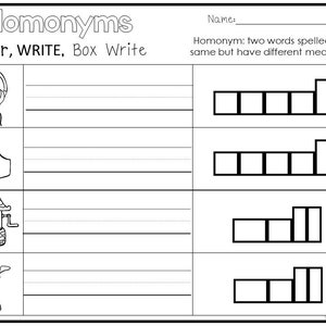 10 Printable Homonyms Color, Trace, Box Write Worksheets. 1st-2nd Grade ...