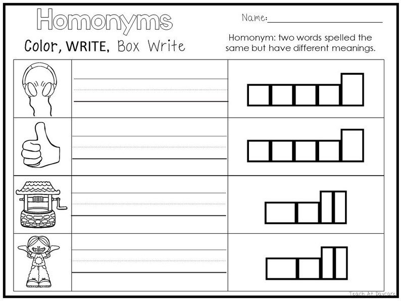 10 Printable Homonyms Color Trace Box Write Worksheets. - Etsy