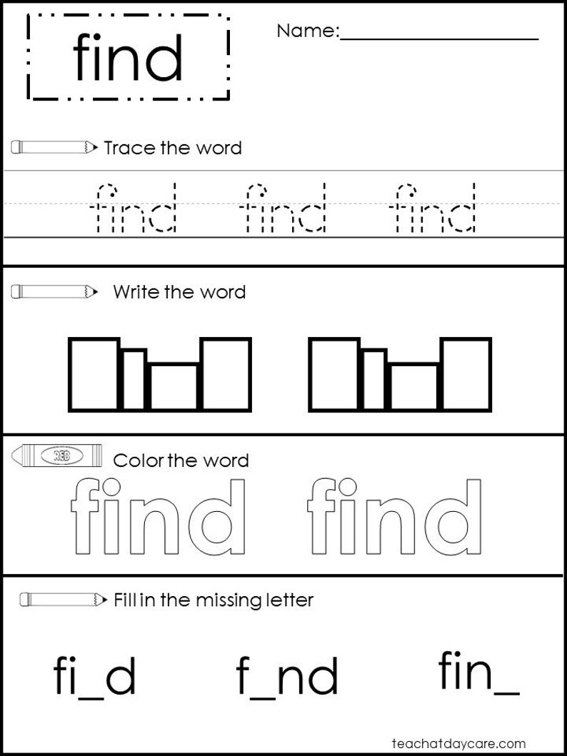 40 Printable Dolch Pre-primer Word Work Worksheets. Prek-kindergarten ...