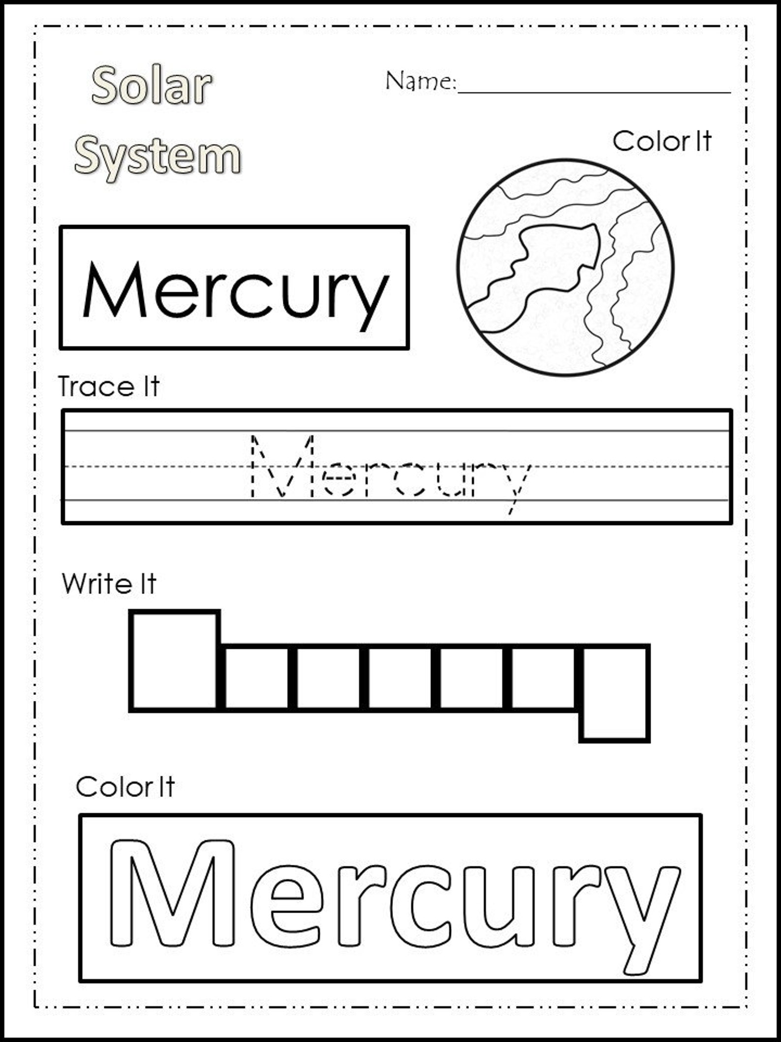 16 Solar System Planets Color Read Trace Write Worksheets. Preschool ...