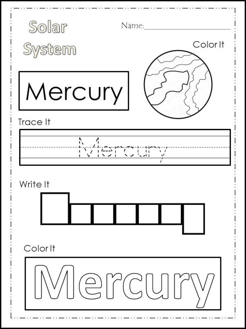 16 Solar System Planets Color Read Trace Write Worksheets. | Etsy