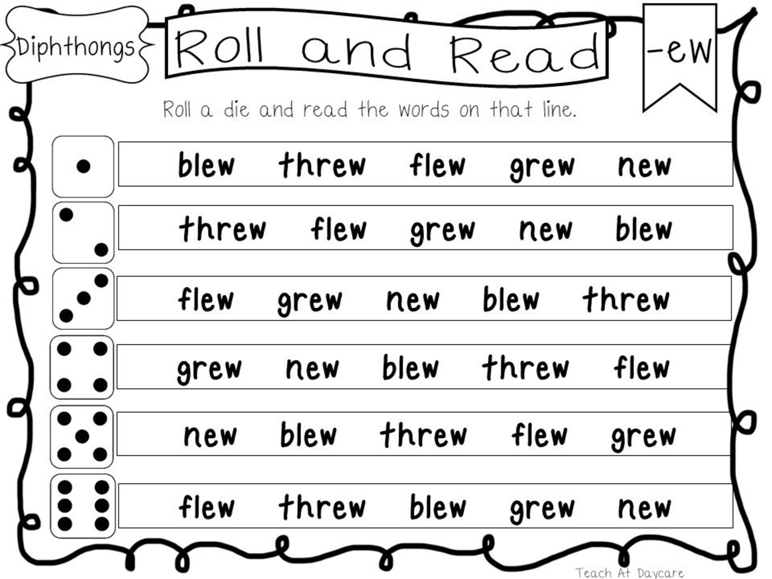 10 Printable Diphthongs Roll and Read the Word Worksheets. Kindergarten ...