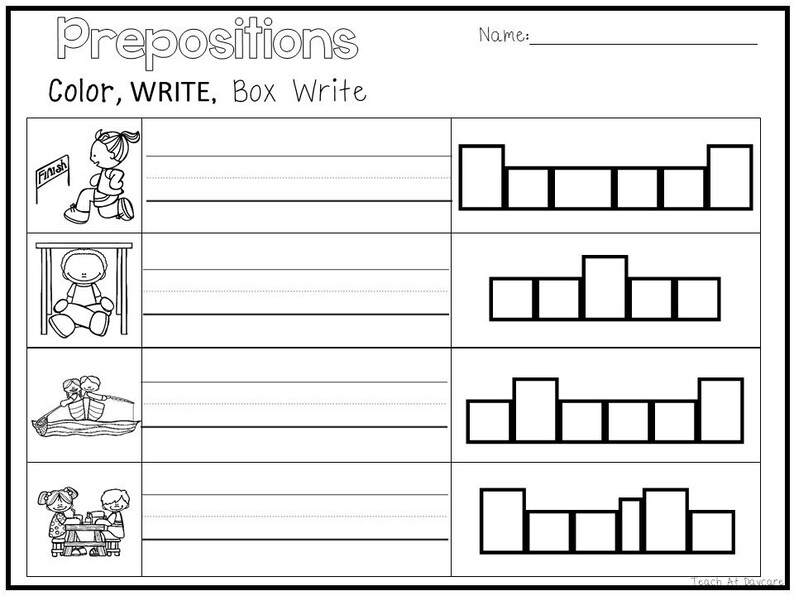 8 Printable Prepositions Color, Trace, Box Write Worksheets. 1st-2nd ...