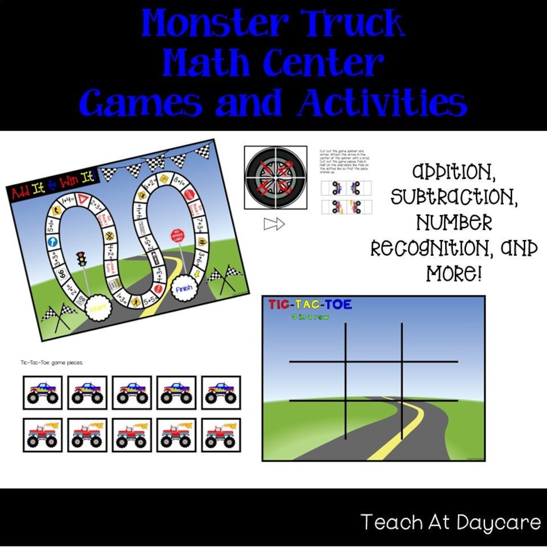 10 Printable Monster Truck Themed Kindergarten Math Center Games and ...