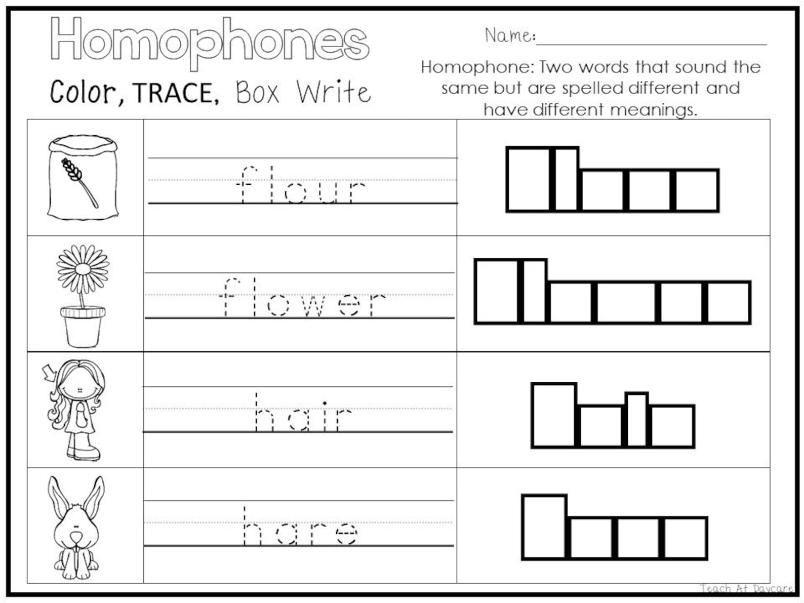 14 Printable Homophones Color, Trace, Box Write Worksheets. 1st-2nd ...