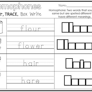 14 Printable Homophones Color, Trace, Box Write Worksheets. 1st-2nd ...