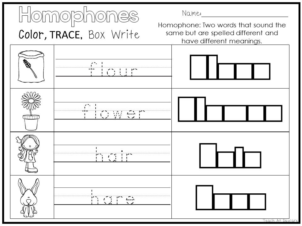 14 Printable Homophones Color, Trace, Box Write Worksheets. 1st-2nd ...