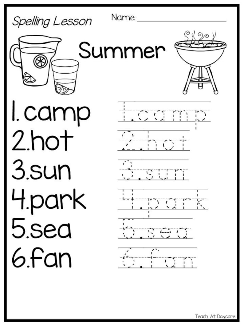 Kindergarten Summer Themed Words Spelling Unit. Single Week ...
