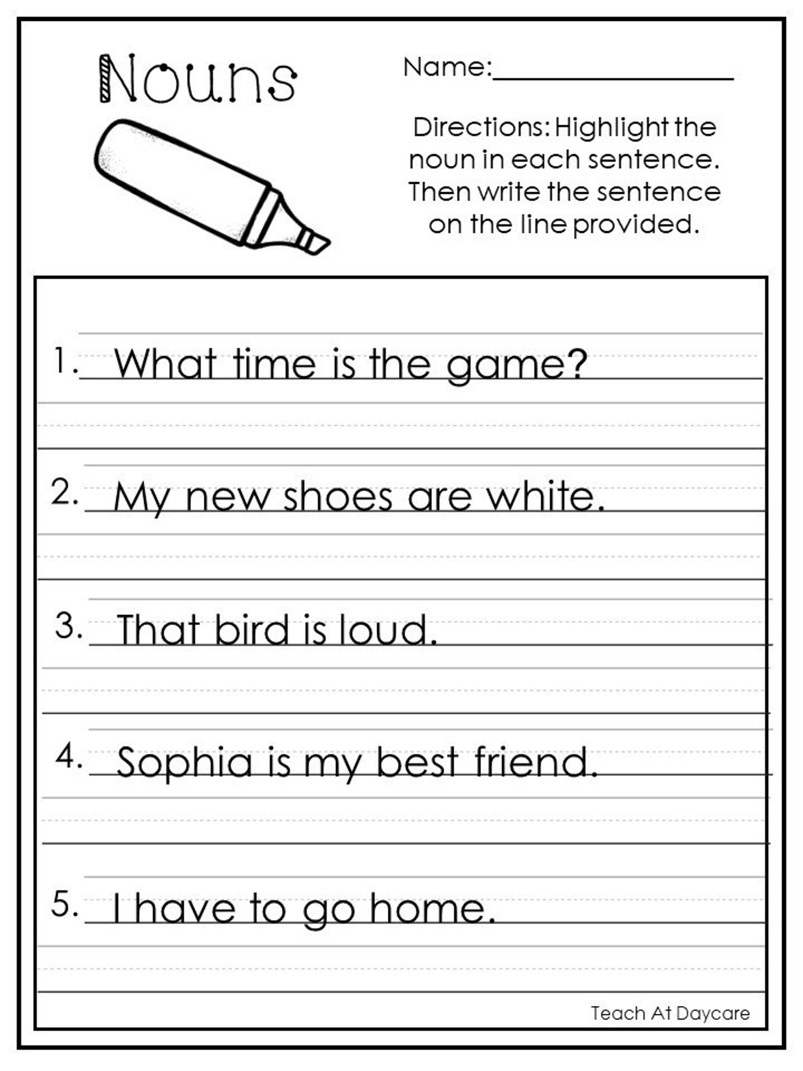 10 Printable Highlight the Nouns Worksheets. 1st-2nd Grade ELA | Etsy