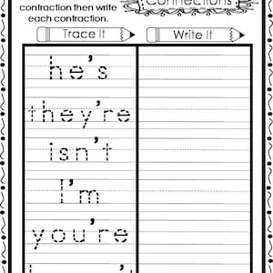 10 Printable Contractions Worksheets. 1st-2nd Grade ELA Worksheets. - Etsy