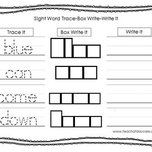 10 Printable Dolch Pre-primer Sight Words Trace It, Box Write It, Write ...