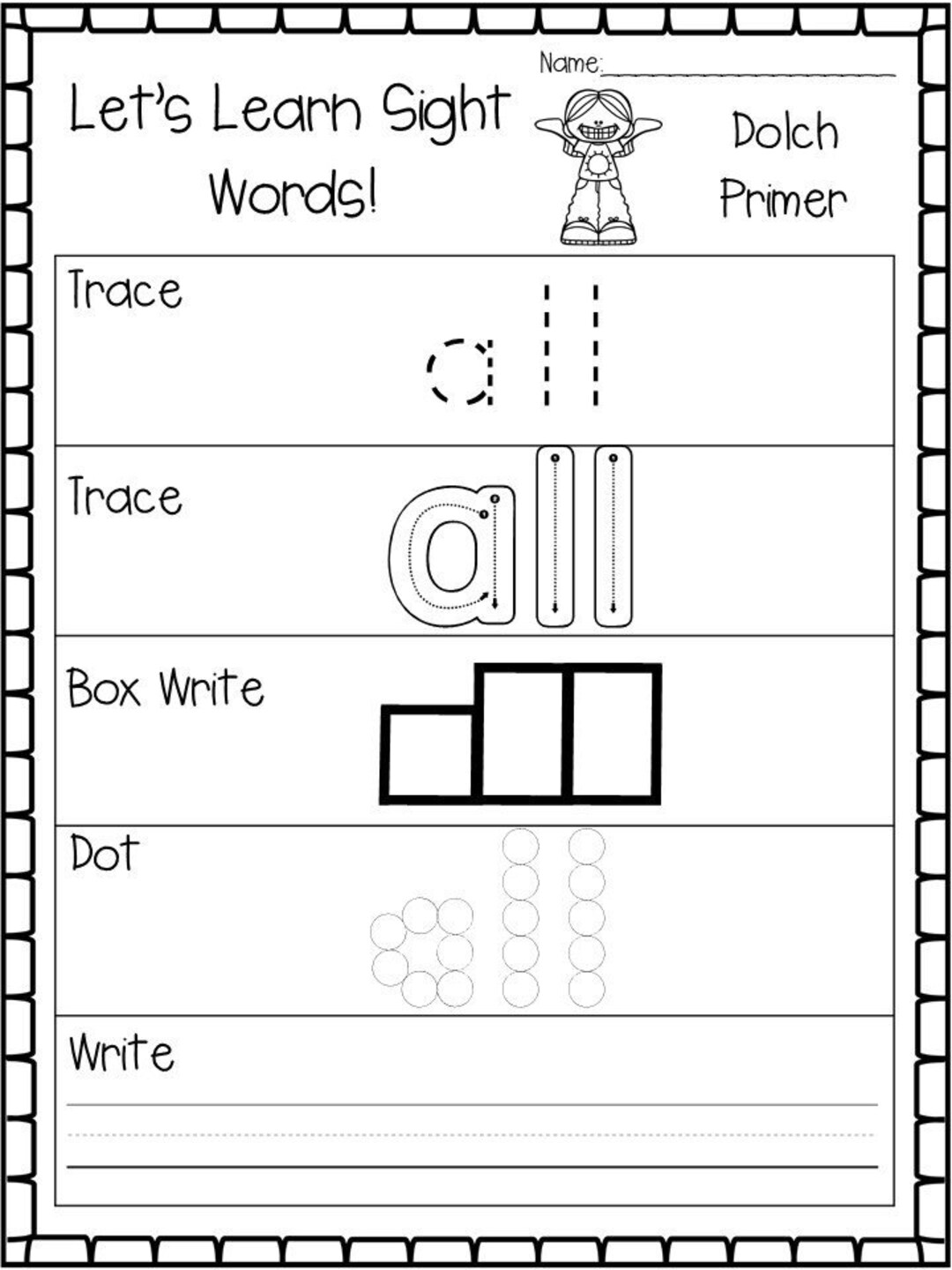 52 Printable Let's Learn Dolch Primer Sight Words Worksheets. Prek ...