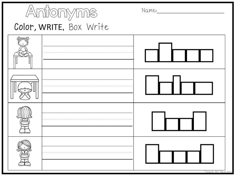 10 Printable Antonyms Color, Trace, Box Write Worksheets. 1st-2nd Grade ...