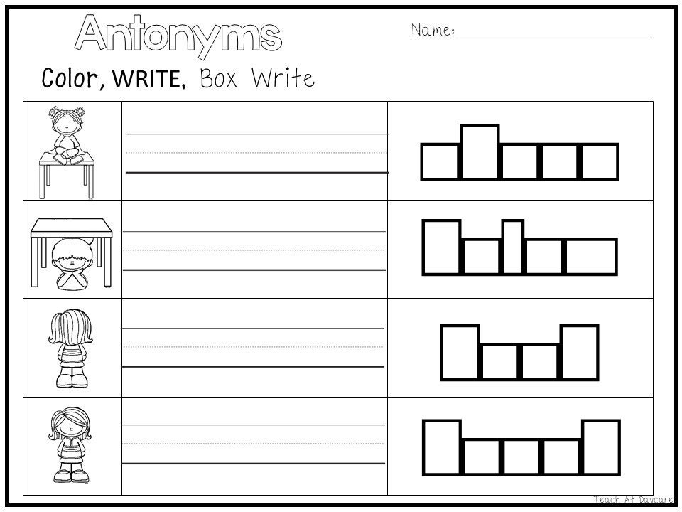 10 Printable Antonyms Color, Trace, Box Write Worksheets. 1st-2nd Grade ...