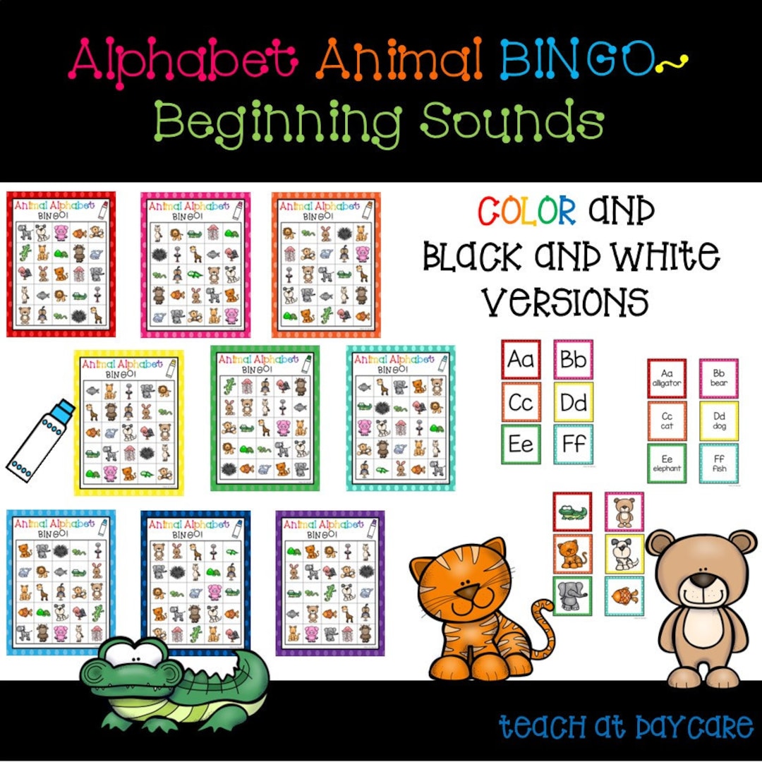 Animal Alphabet Bingo Phonics Game and Worksheets. Color & Black and ...