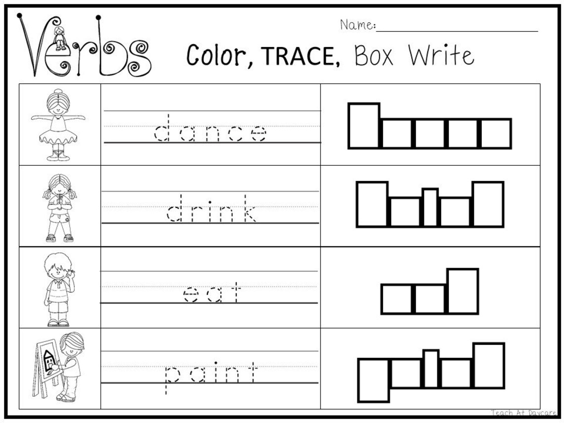 10 Printable Verbs Color Trace Box Write Worksheets. 1st-2nd | Etsy