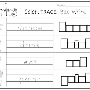 10 Printable Verbs Color, Trace, Box Write Worksheets. 1st-2nd Grade ...