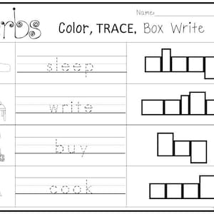 10 Printable Verbs Color, Trace, Box Write Worksheets. 1st-2nd Grade ...