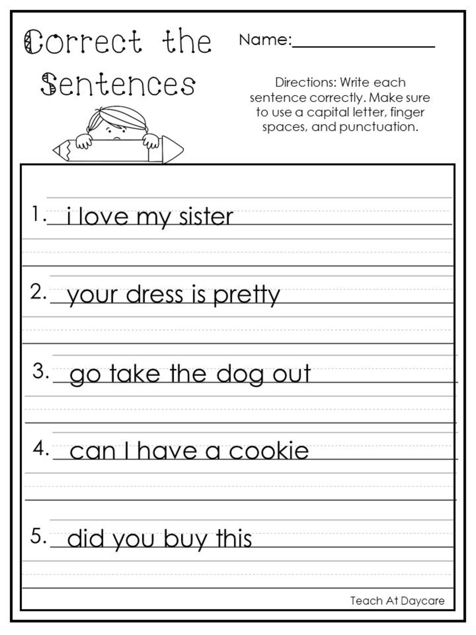 10 Printable Correct the Sentences Worksheets. 1st-2nd Grade ELA ...
