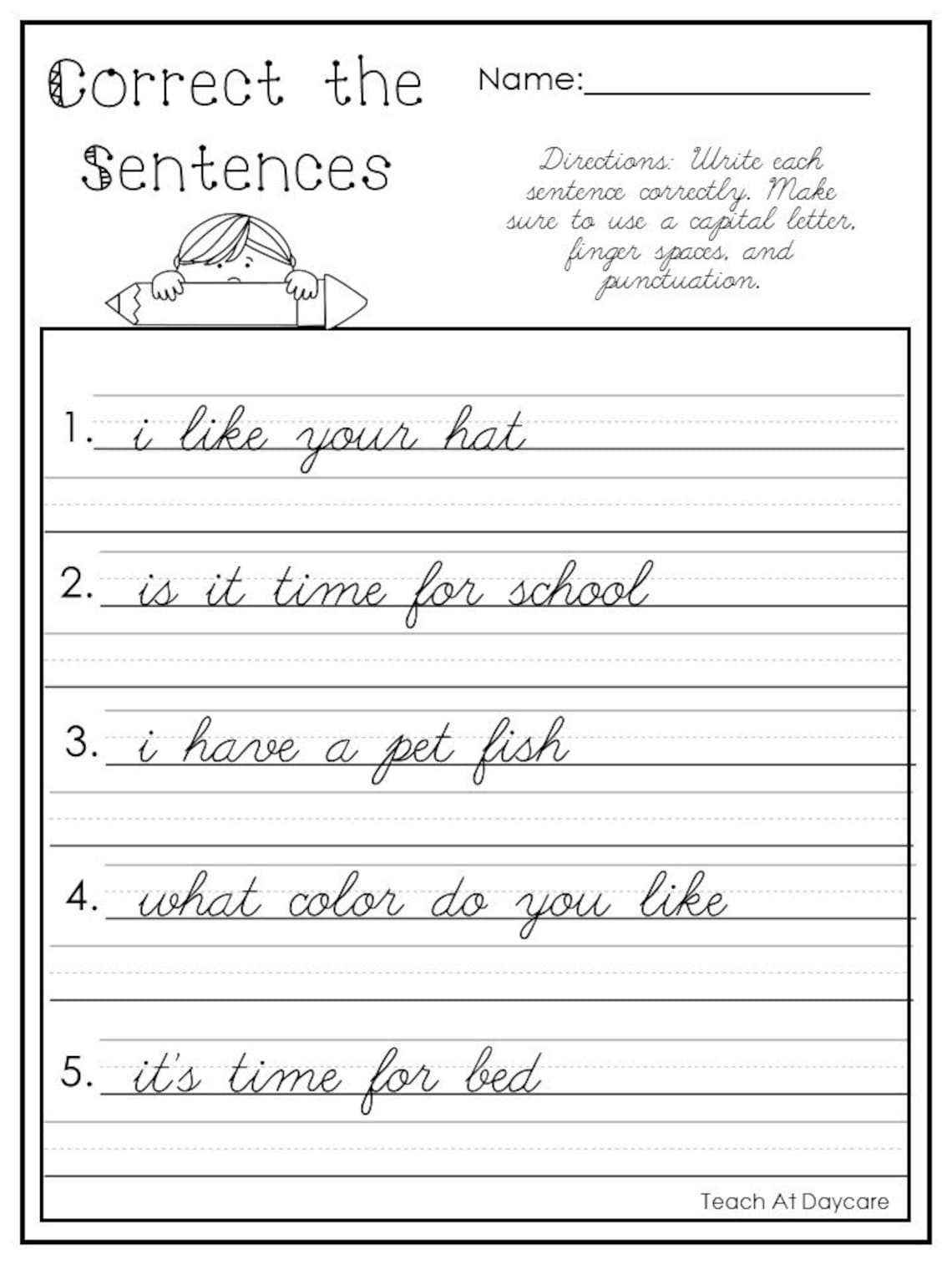 10 Printable Cursive Correct the Sentences Worksheets. 1st-2nd - Etsy
