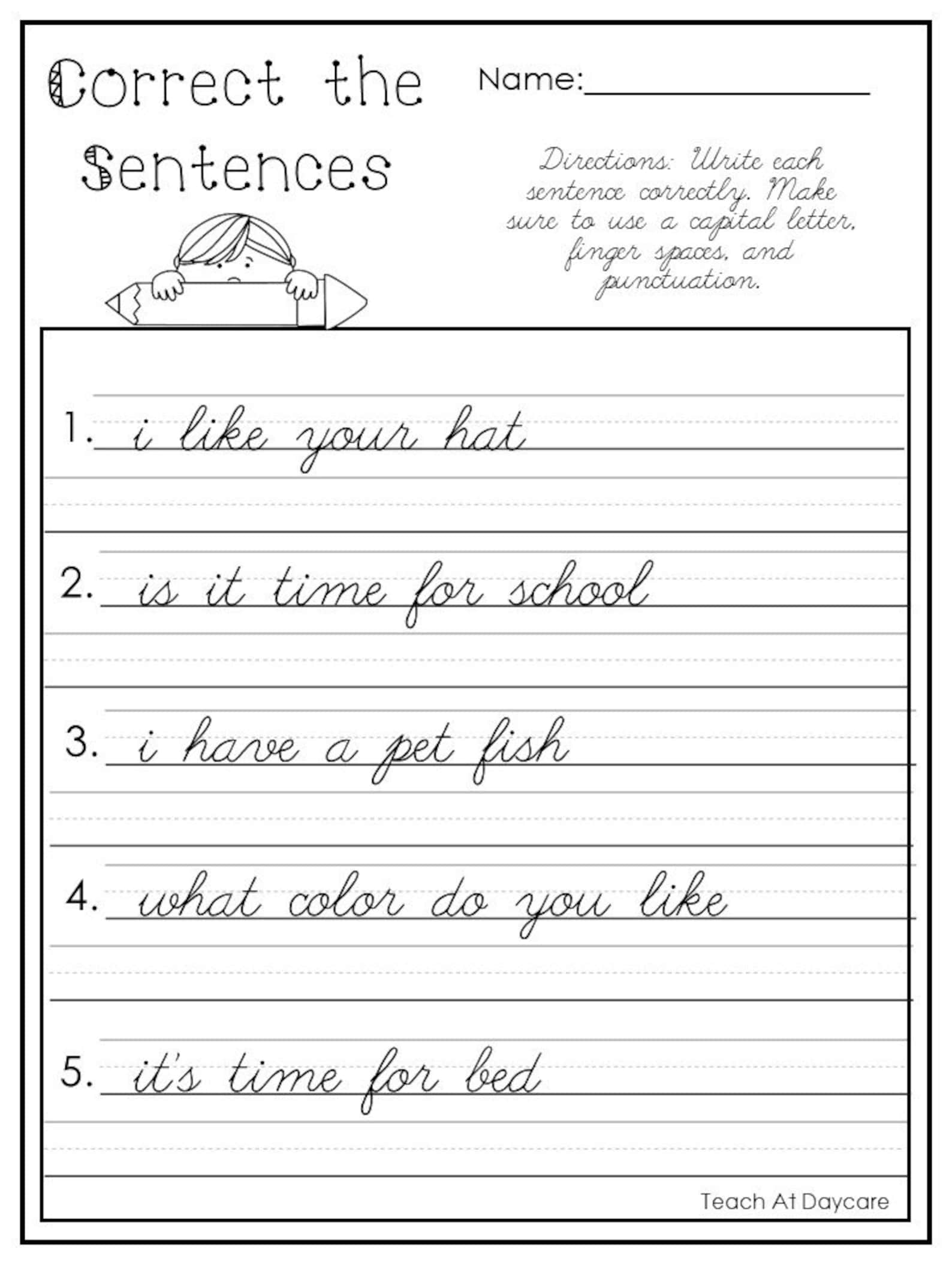 10 Printable Cursive Correct the Sentences Worksheets. 1st-2nd Grade ...