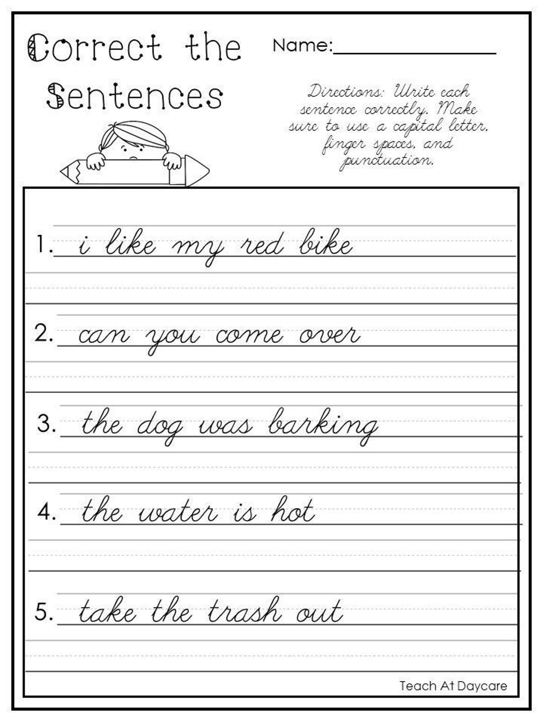 10 Printable Cursive Correct The Sentences Worksheets 1st 2nd Grade