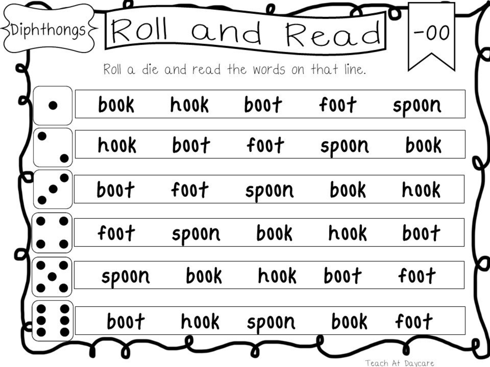 10 Printable Diphthongs Roll and Read the Word Worksheets. - Etsy