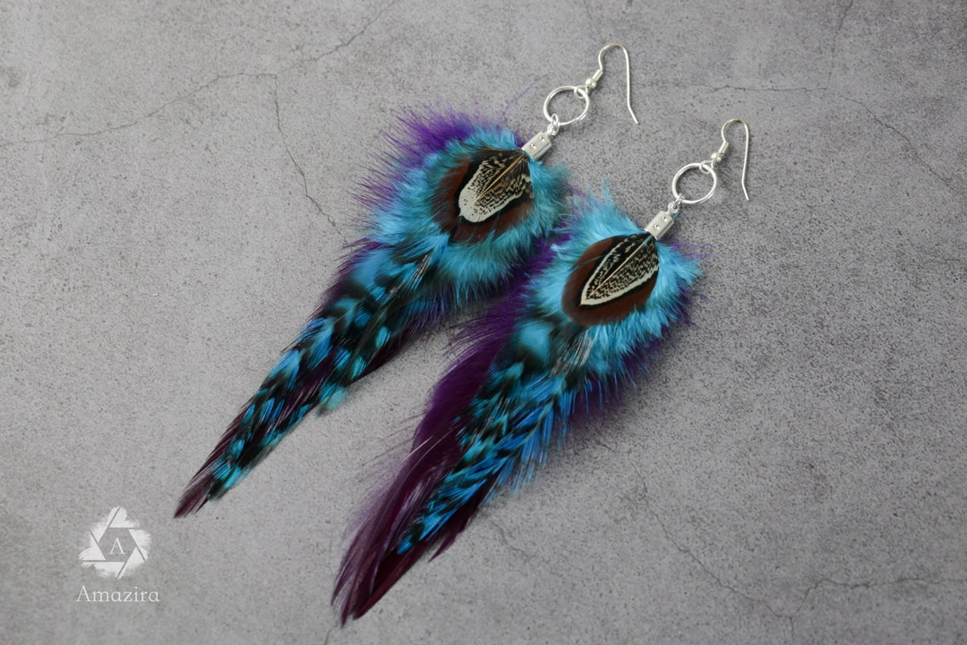 Blue and Purple Stripped Fluffy Feather Earrings, Bohemian Cosplay ...