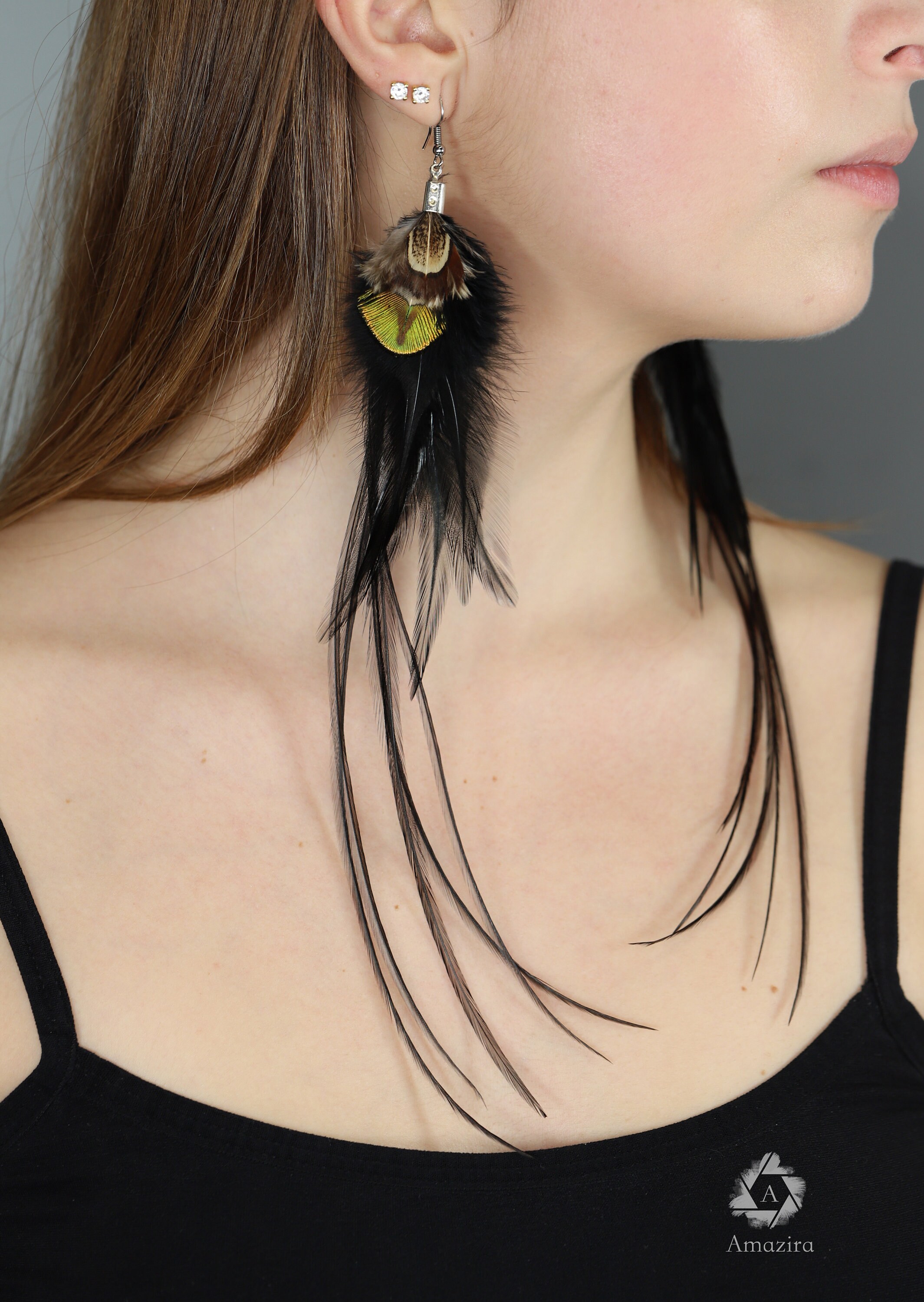 CLEARENCE LAST CHANCE! Extra Long Dangle Feather Earring, Natural Black ...