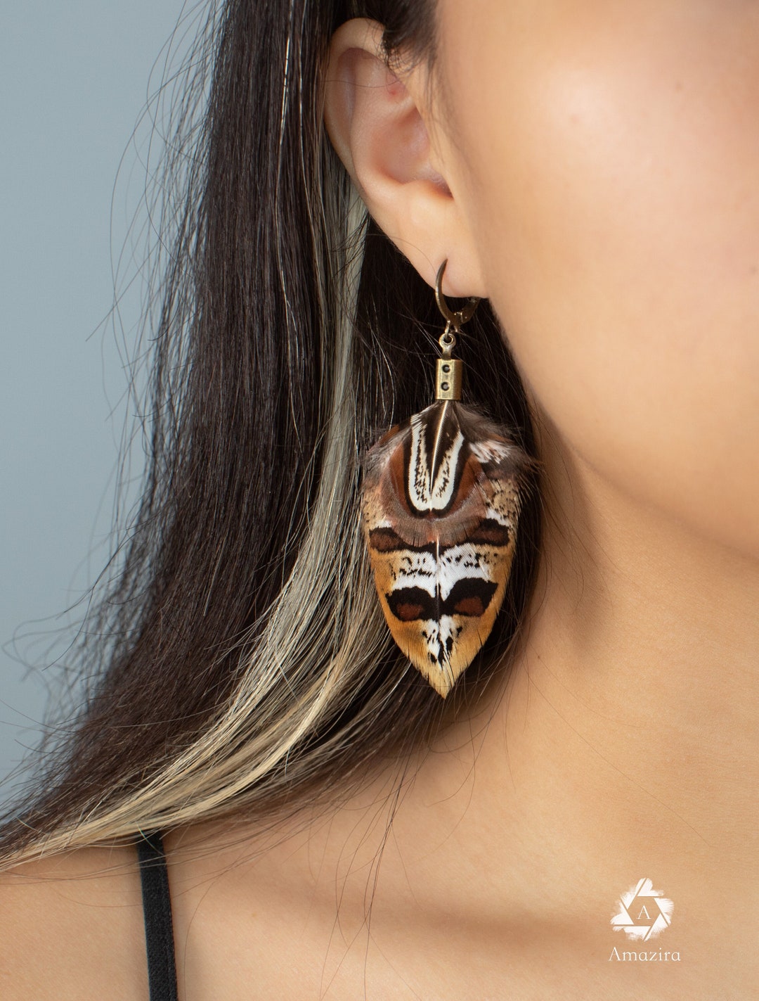Golden Tiger Stripped Handmade Feather Earrings, Unique Natural Bird ...