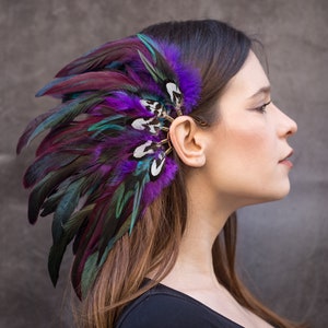 Purple and Blue Natural Feather Ear Cuff, Colourful Carnival Hair ...