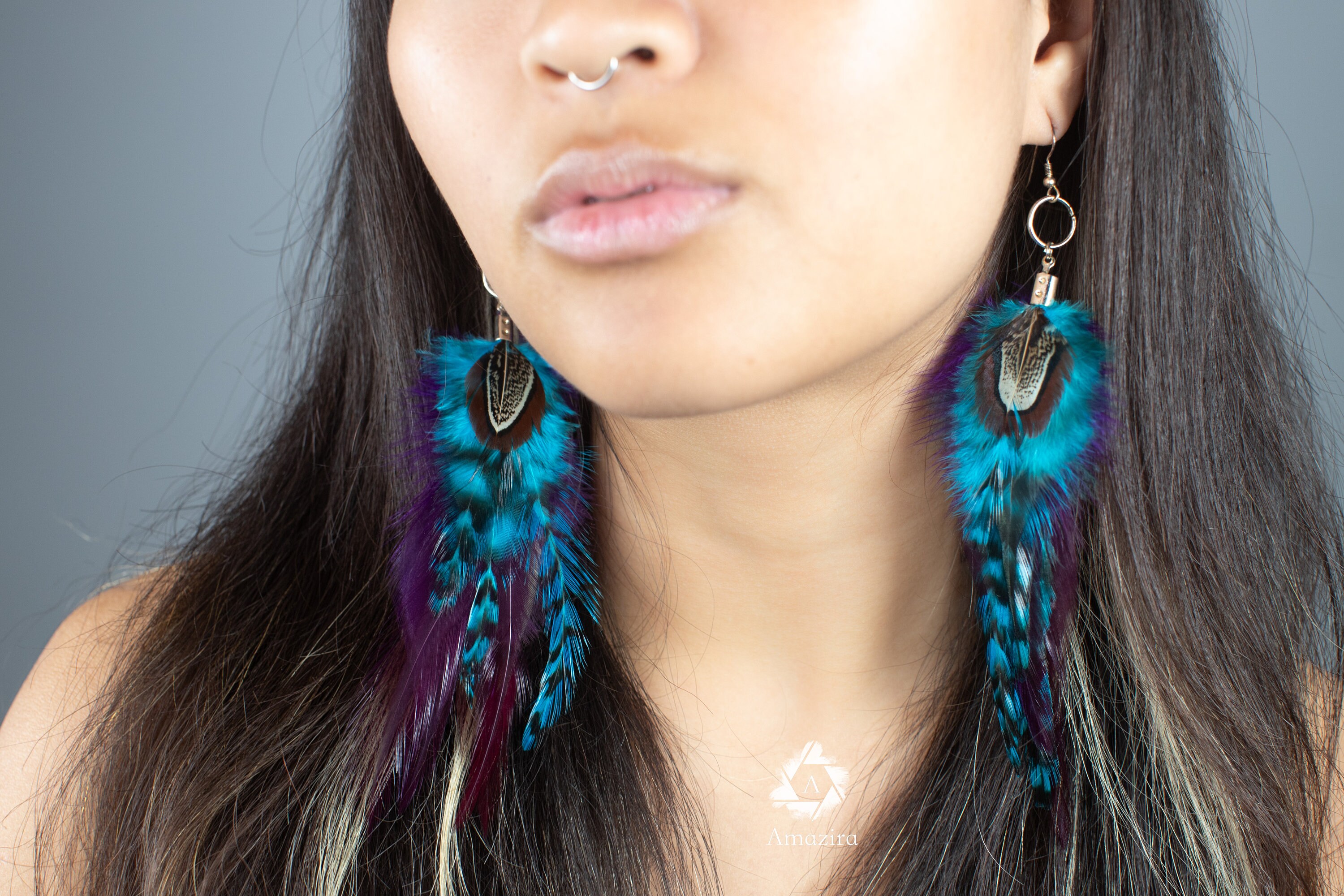 Blue and Purple Stripped Fluffy Feather Earrings, Bohemian Cosplay ...