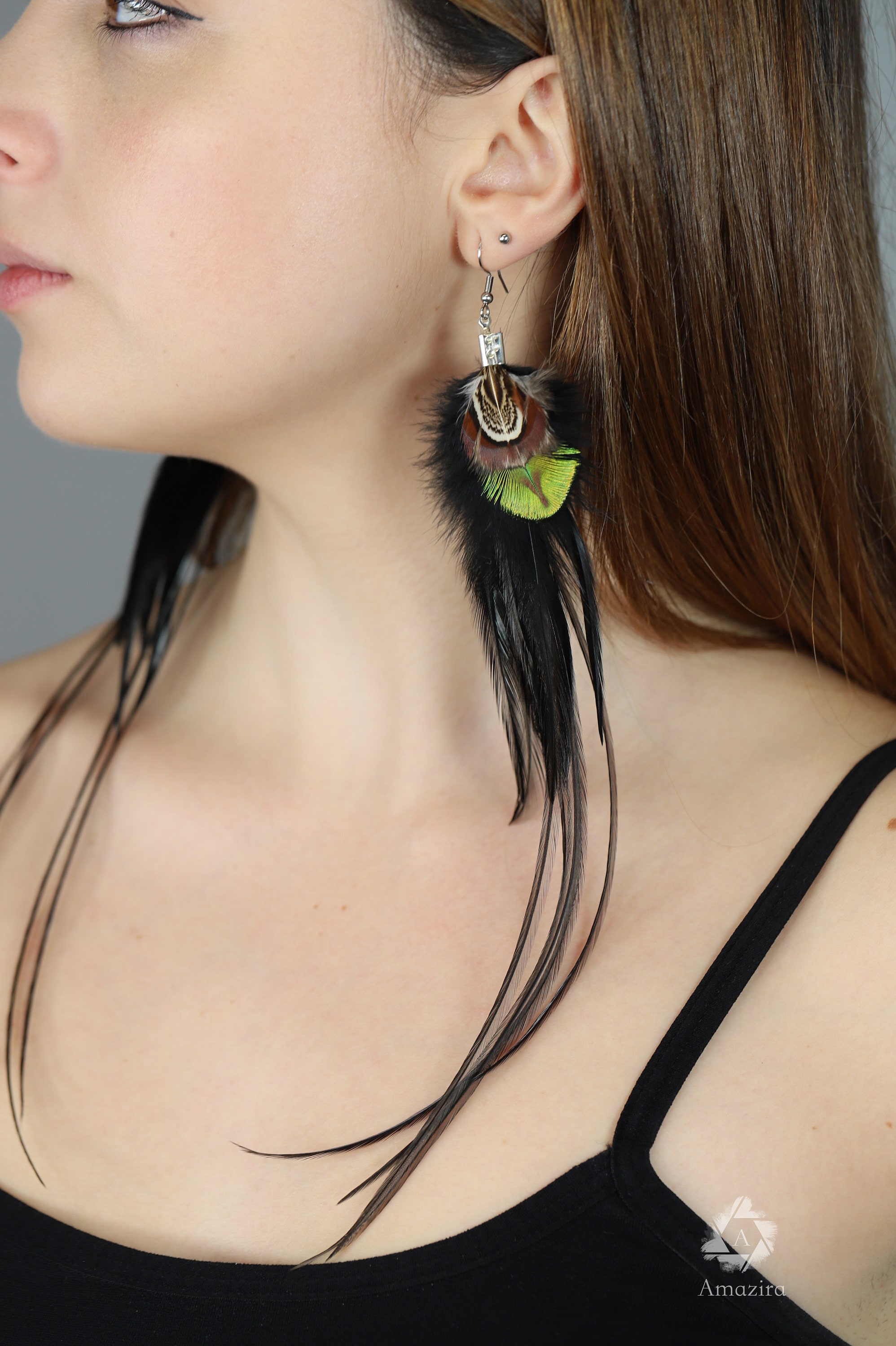CLEARENCE LAST CHANCE! Extra Long Dangle Feather Earring, Natural Black ...
