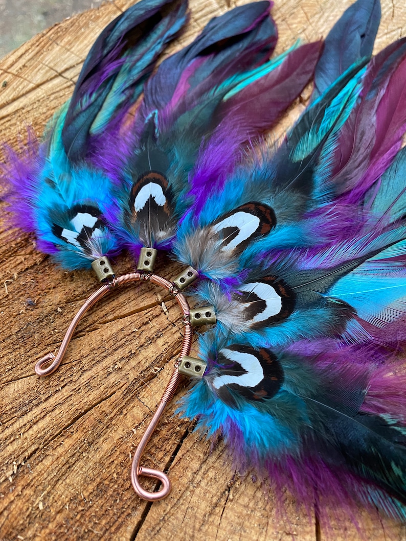 Purple and Blue Natural Feather Ear Cuff, Colourful Carnival Hair ...