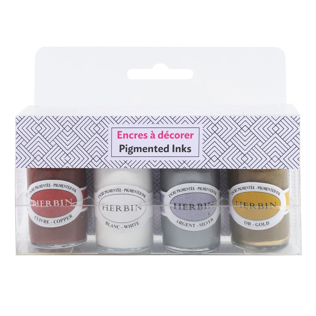 Herbin Pigment Ink Set: White, Copper, Gold, Silver for Calligraphy Art ...
