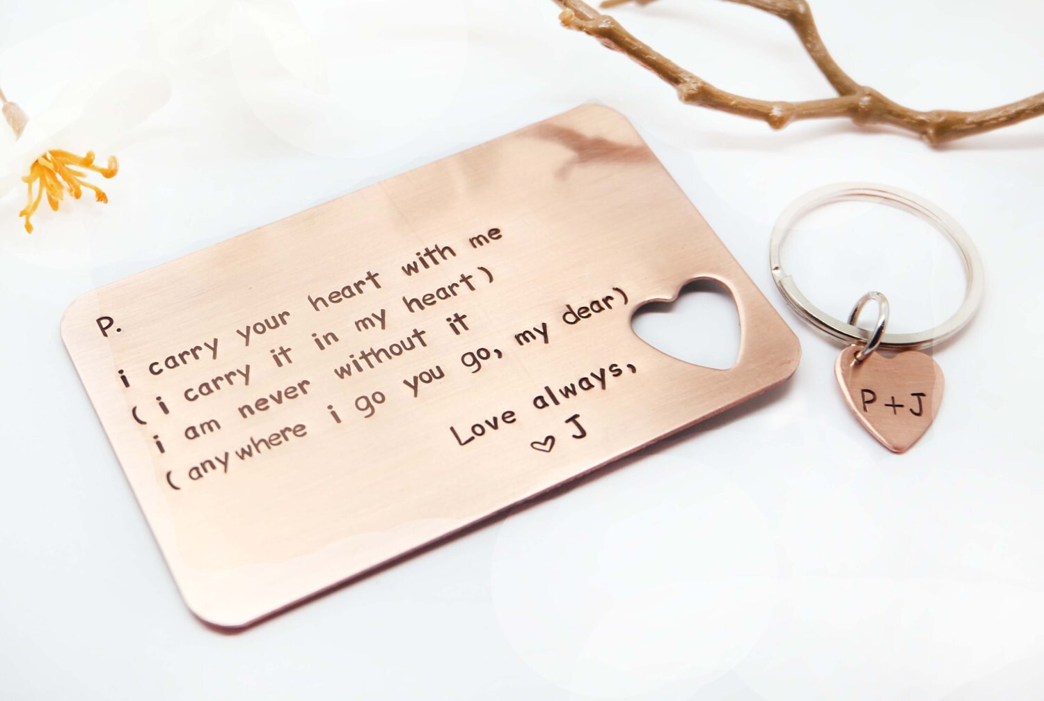 Copper Wallet Insert Card and Key Chain Set valentines Day - Etsy