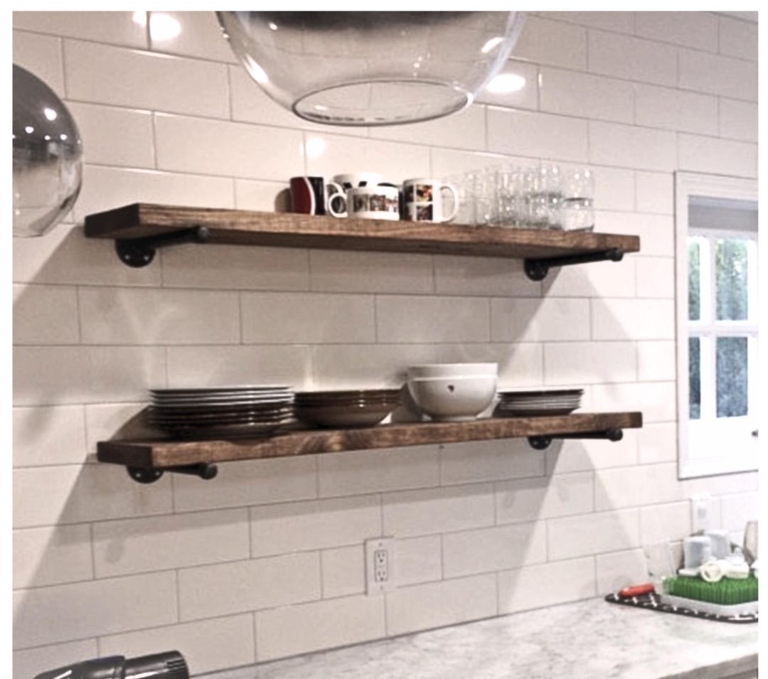 Rustic Floating Shelf With Iron Pipe Brackets: Farmhouse Kitchen Pantry ...