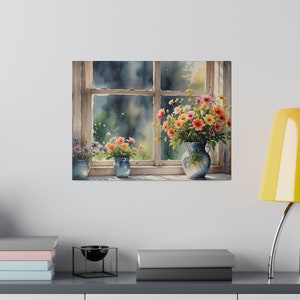 Window Reflections- Enchanting Watercolor Blooms on Canvas 1- Stretched ...