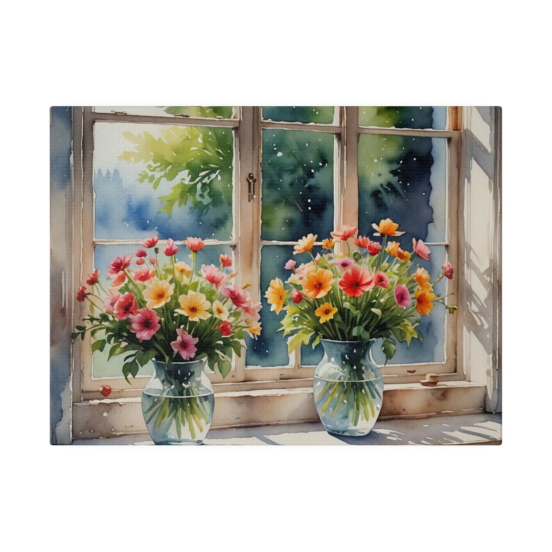 Window Reflections- Enchanting Watercolor Blooms on Canvas 3- Stretched ...