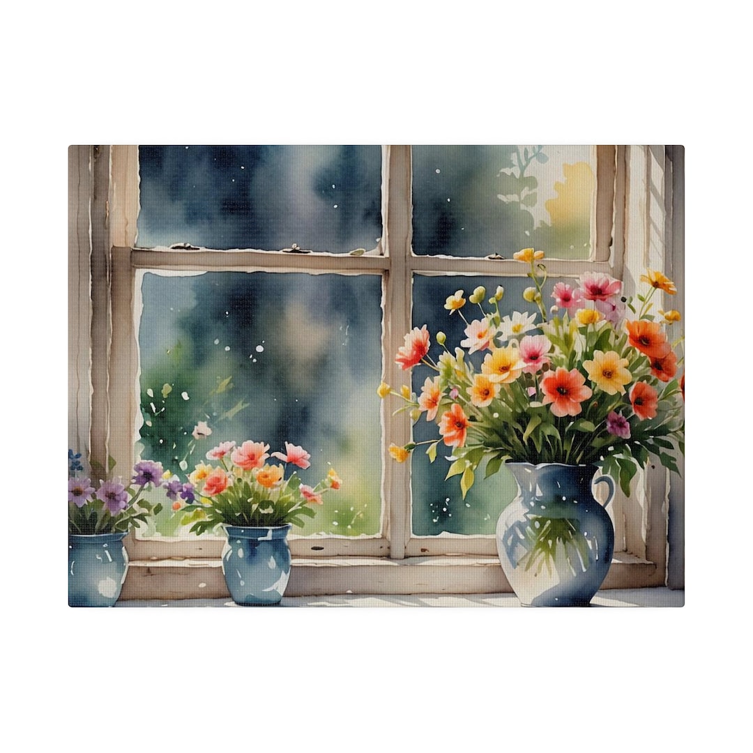 Window Reflections- Enchanting Watercolor Blooms on Canvas 1- Stretched ...